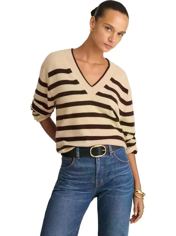 Madewell V-neck Cashmere Sweater - Biscuit And Molasses Stripe