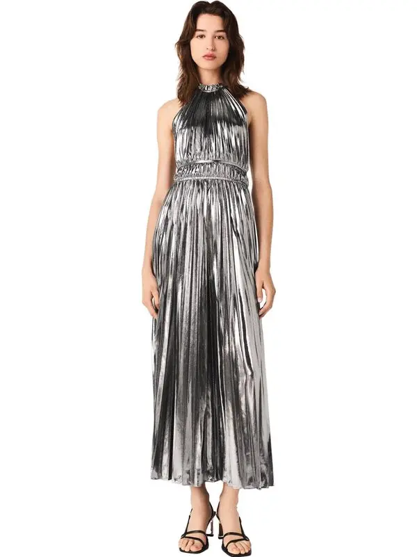 Maje Pleated Lamé Maxi Dress - Silver