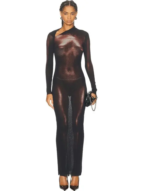 JEAN PAUL GAULTIER Asymmetric Collar Long Body Dust Print Dress - Black & Brown