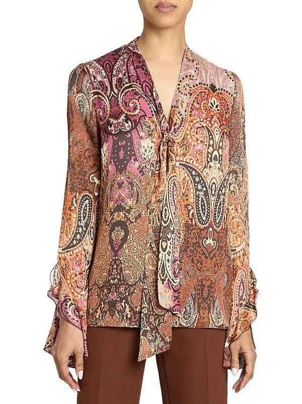 Santorelli Sienna Long Sleeve Blouse With Tie Neck - Chestnut Multi