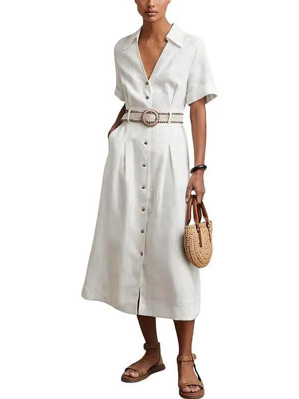 REISS Petite Anita Belted Linen Dress - Ivory