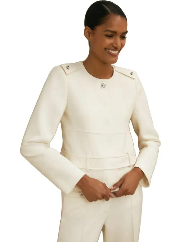 REISS Athena Atelier Wool Collarless Belted Jacket - White