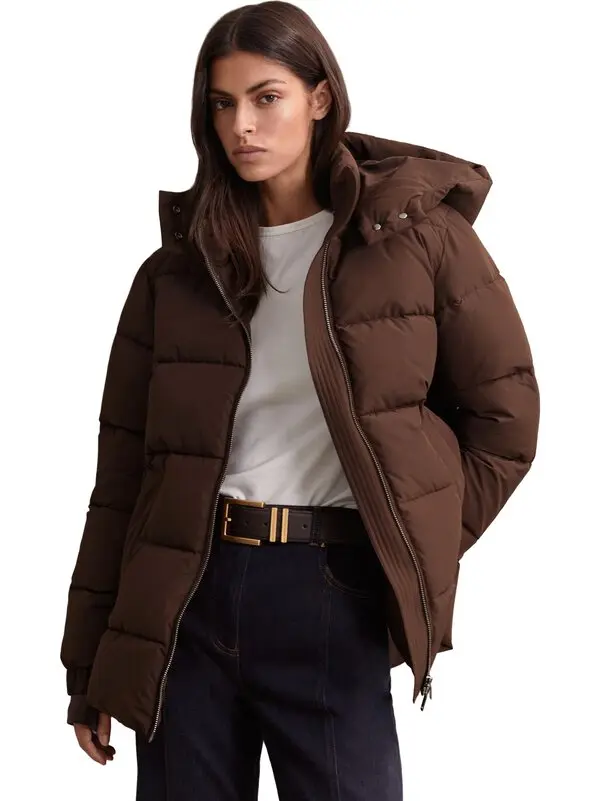 REISS Fee Short Puffer Coat - Chocolate Brown