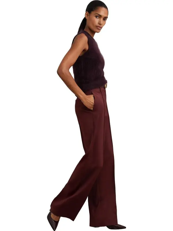 REISS Luisa Petite Wide-leg Pintuck Trousers - Burgundy