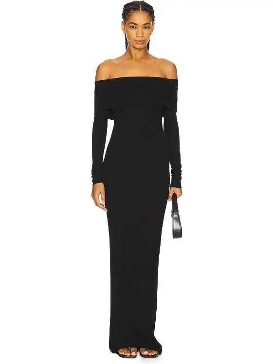 Eterne Long Sleeve Off-shoulder Rib Maxi Dress - Black