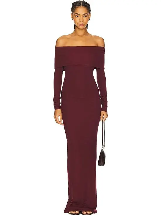 Eterne Long Sleeve Off-shoulder Rib Maxi Dress - Oxblood