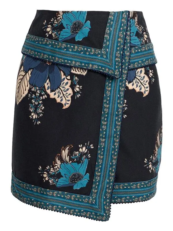 Farm Rio Wrap-effect Floral-print Cotton-twill Mini Skirt - Black