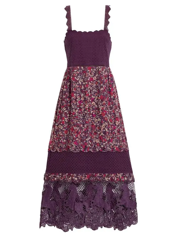 Farm Rio Lace-paneled Floral-print Broderie Anglaise Cotton Midi Dress - Purple
