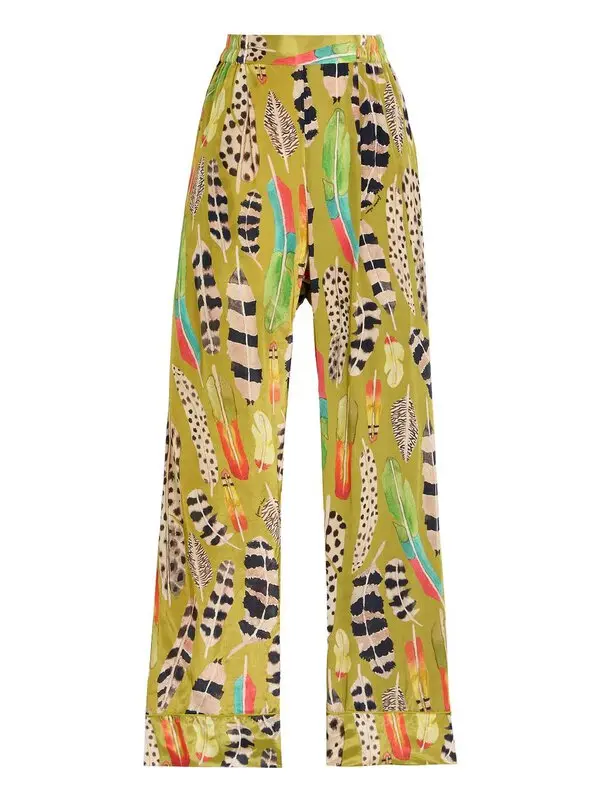 Farm Rio Cropped Printed Satin Straight-leg Pants - Lime Green