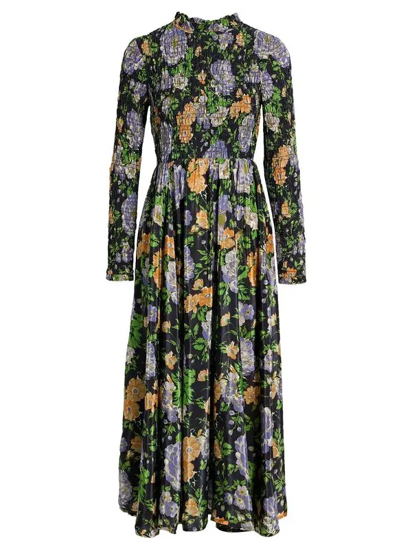 Farm Rio Shirred Floral-print Satin Midi Dress - Black
