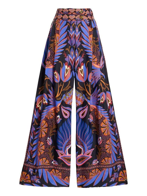 Farm Rio Printed Satin Wide-leg Pants - Black