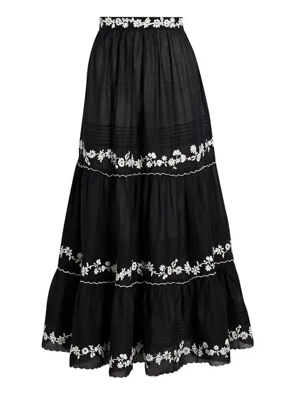 Farm Rio Embroidered Cotton-voile Maxi Skirt - Black