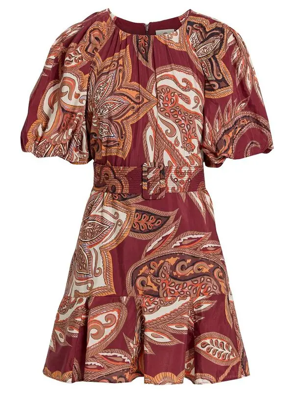 Farm Rio Paisley-print Cotton-blend Voile Mini Dress With Belt - Burgundy