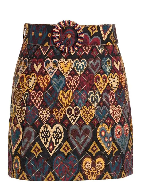Farm Rio Printed Quilted Cotton-twill Mini Skirt With Detachable Belt - Burgundy