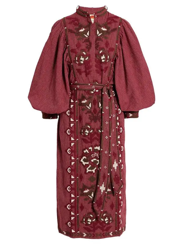 Farm Rio Embroidered Striped Cotton And Linen-blend Midi Dress - Claret