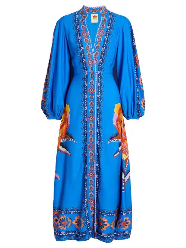 Farm Rio Printed Twill Maxi Dress With Crochet Trims - Blue