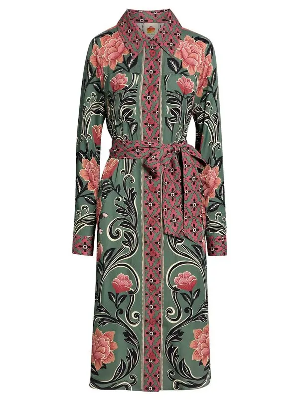 Farm Rio Belted Floral-print Crepe De Chine Midi Shirt Dress - Grey Green