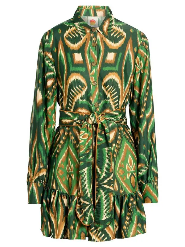 Farm Rio Ruffled Printed Woven Mini Shirt Dress - Green