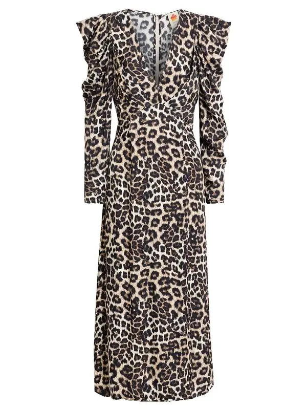 Farm Rio Leopard-print Ruched Satin Midi Dress - Black