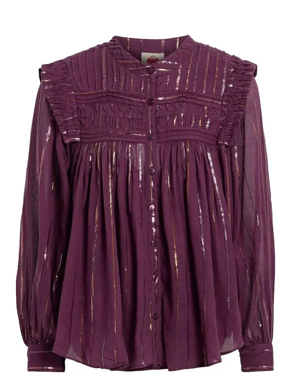 Farm Rio Striped Metallic Fil Coupé Blouse - Burgundy