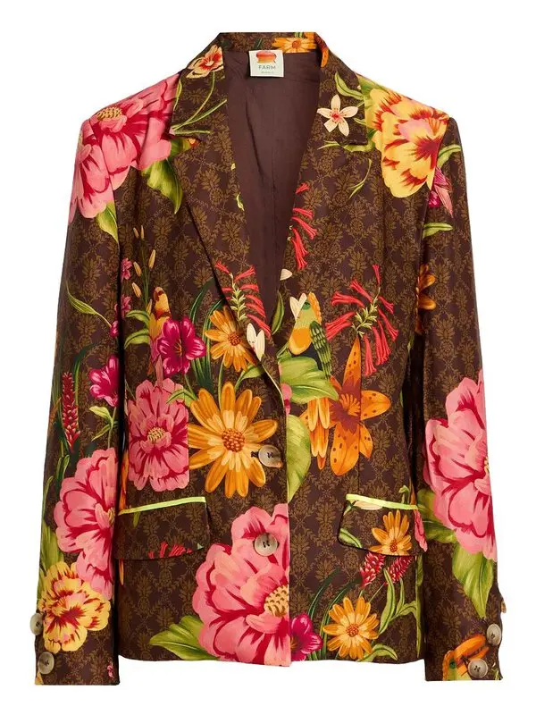 Farm Rio Floral-print Tencel™ Twill Blazer - Chocolate