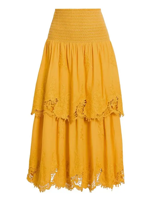 Farm Rio Tiered Embroidered Cotton Midi Skirt - Saffron