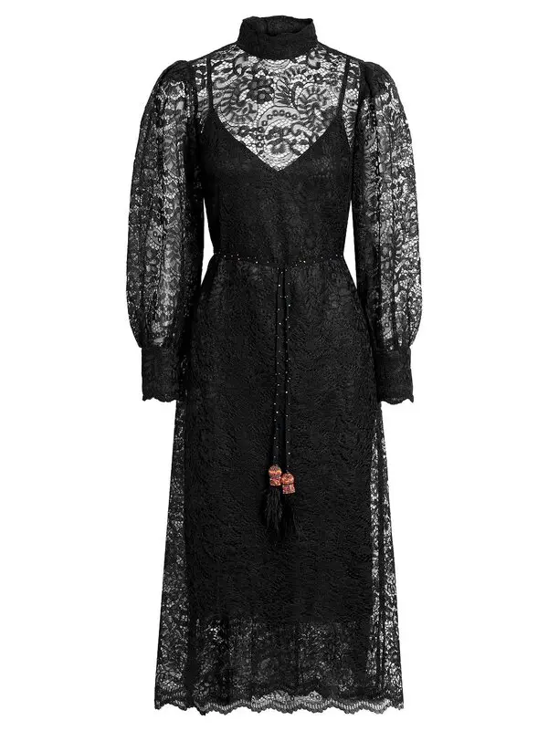 Farm Rio Corded Lace Midi Dress - Black