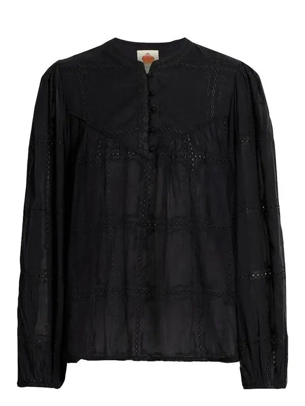 Farm Rio Embroidered Cotton-voile Top - Black