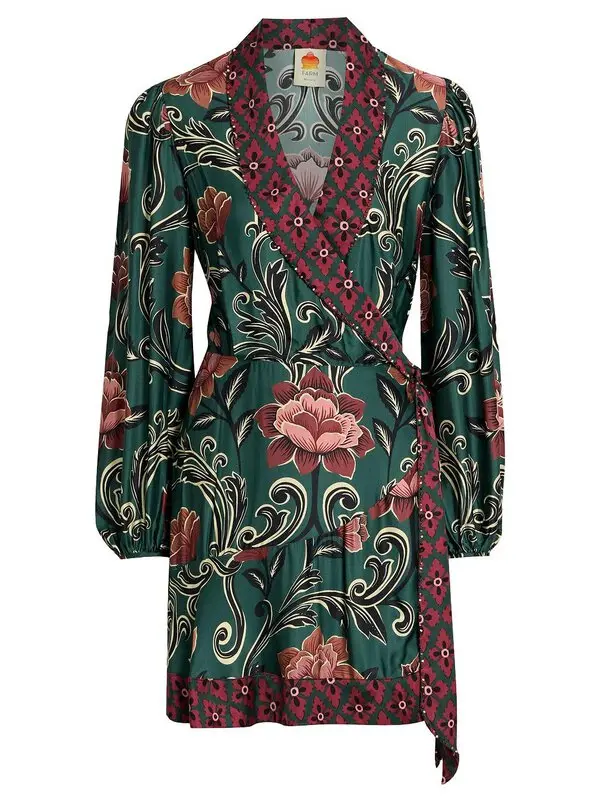 Farm Rio Bead-embellished Floral-print Mini Wrap Dress - Emerald