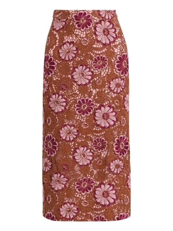 Farm Rio Guipure Lace Midi Skirt - Brown