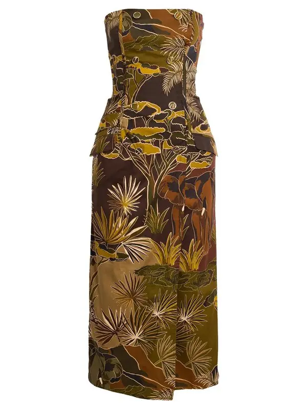 Farm Rio Strapless Printed Cotton-blend Midi Dress - Brown