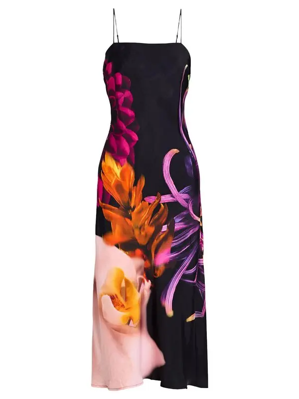 Farm Rio Floral-print Satin Midi Slip Dress - Black