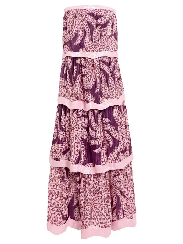 Farm Rio Strapless Tiered Printed Maxi Dress - Burgundy