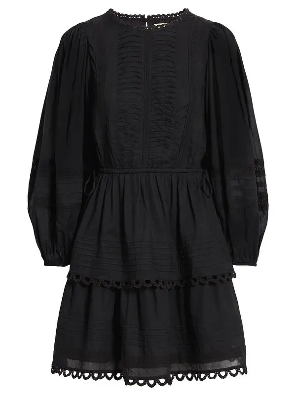 Farm Rio Lace-trimmed Pintucked Cotton-voile Mini Dress - Black