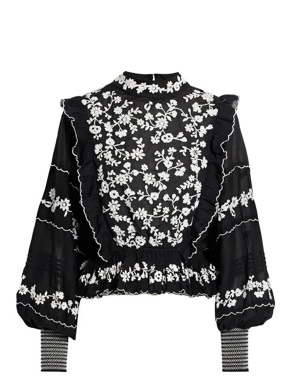 Farm Rio Ruffled Embroidered Cotton-voile Blouse - Black