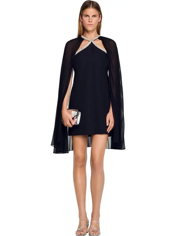 Sandro Mini Cape Dress With Rhinestones - Black