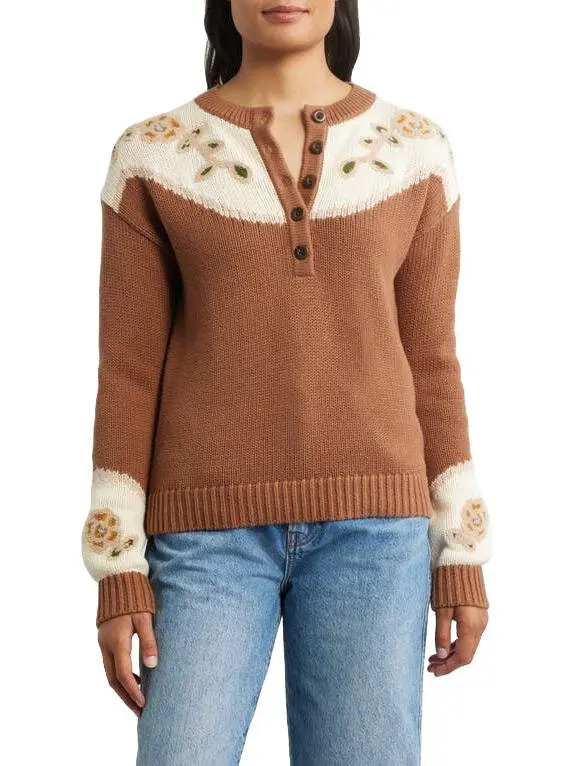 Pendleton Floral Accent Henley Sweater - Spice Brown