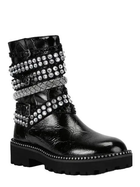 Kurt Geiger Crystal Embellished Croc-embossed Leather Boots - Charcoal