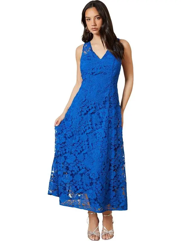 OASIS Floral Lace V-neck Midi Dress - Cobalt