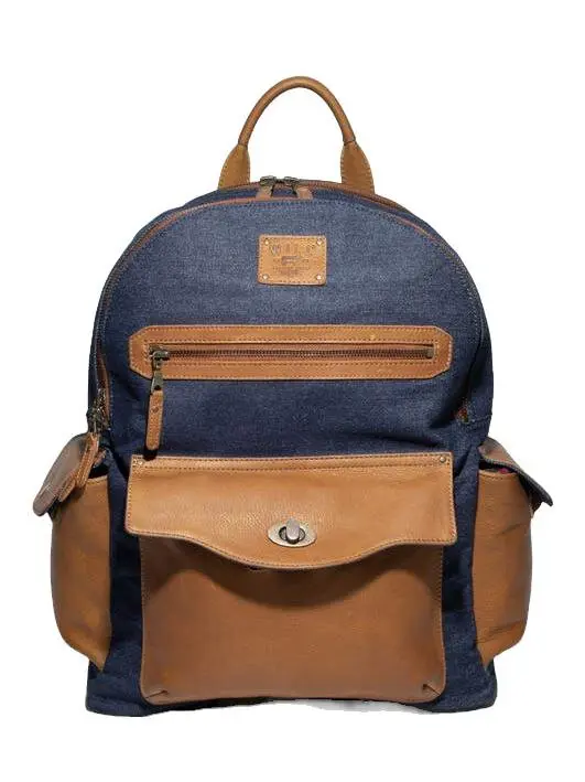 Will Leather Goods Canvas & Leather Backpack - Blue Denim/tan
