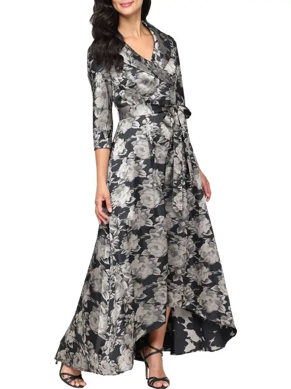 Alex Evenings Floral Jacquard High-low Gown - Black/taupe