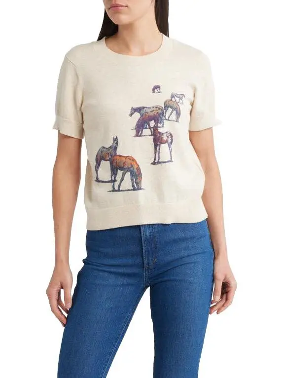 Pendleton Wild Horse Print Short Sleeve Cotton Sweater - Ecru