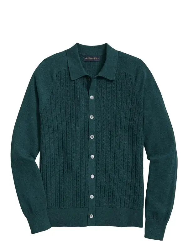 Brooks Brothers Cotton Cable Knit Cardigan - Green Teal Htr