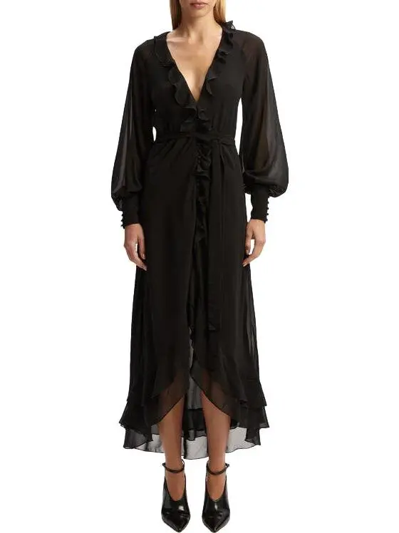 Bardot Kassia Ruffle Long Sleeve High/low Maxi Dress - Black