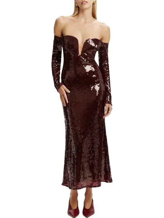 Bardot Emmeline Sequin Off-the-shoulder Dress - Wine