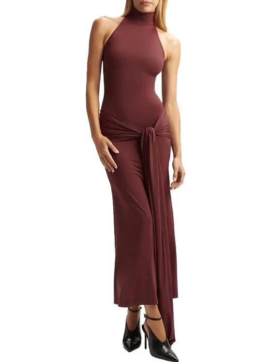 Bardot Isadora Mock Neck Tie Front Maxi Dress - Deep Plum
