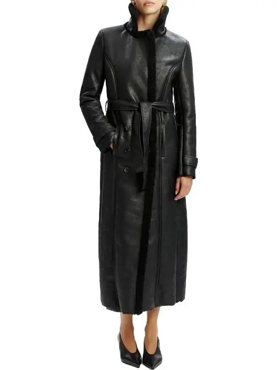 Bardot Belted Faux Leather & Faux Shearling Trim Trench Coat - Black