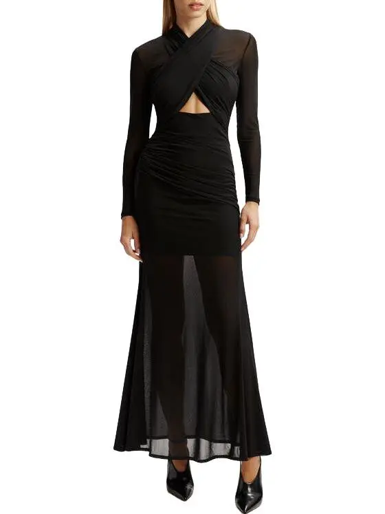 Bardot Front Wrap Long Sleeve Mesh Gown - Black