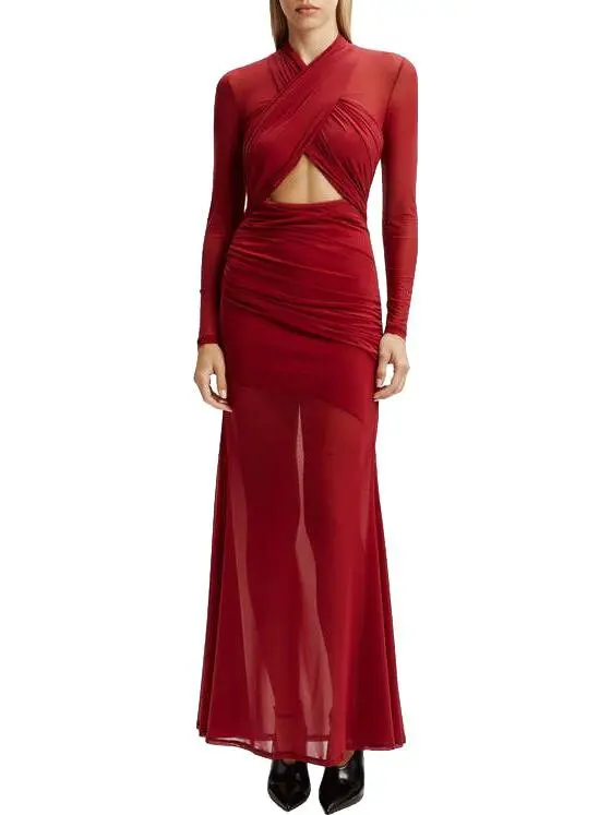 Bardot Front Wrap Long Sleeve Mesh Gown - Burgundy