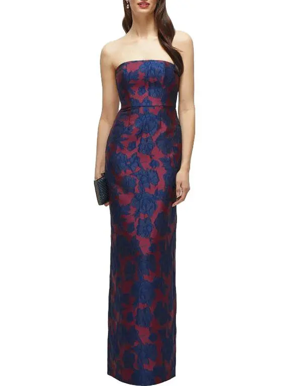 Alfred Sung Strapless Jacquard Column Gown - Burgundy Navy Floral